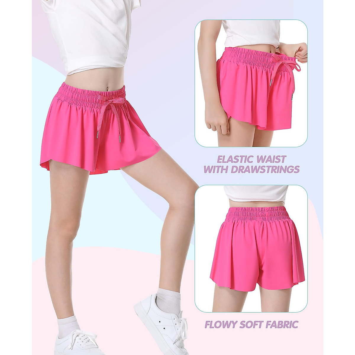 QooNoo Girls Butterfly Shorts with Pocket Flowy Athletic Shorts High Waist Preppy Running Shorts for Kids Teen (Hot Pink,Small)