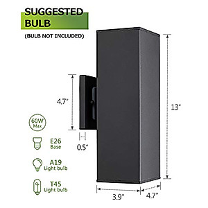 harriet Modern Outdoor Wall Lights, Aluminum Outdoor Wall Sconce Waterproof Rustproof, Up and Down Lighting Exterior Sconces Square Shape Porch Lantern, Sanded Black Finish