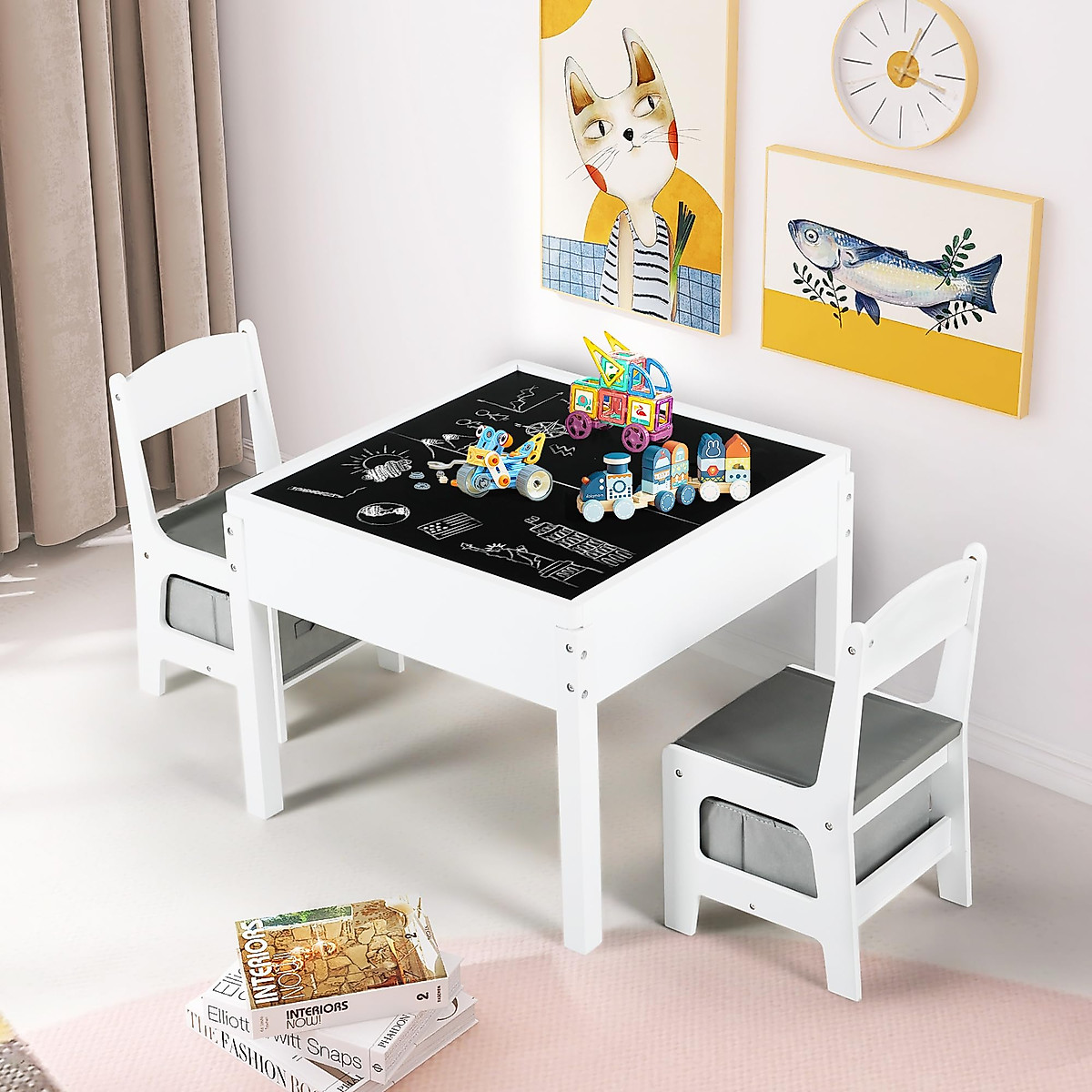 COEWSKE Kids Table and Chairs Set, 4 in 1 Toddler Desk and Chair Set with Storage, Wooden Activity Table for Toddlers Arts, Crafts, Drawing, Reading, Playroom,Gift for Boy & Girl (Gray)