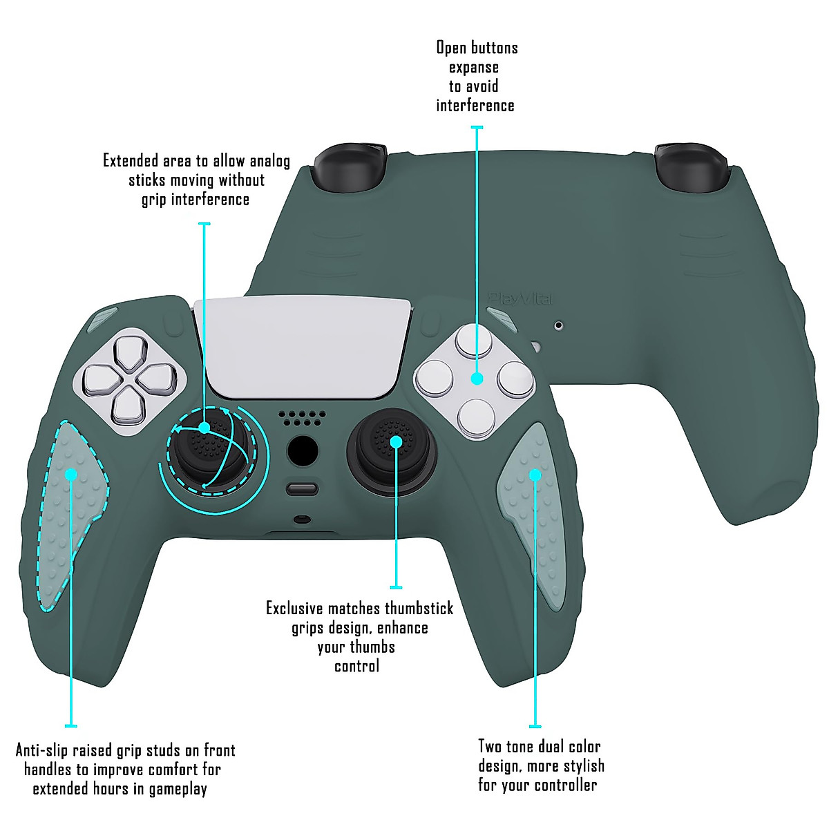 PlayVital Knight Edition Templeton Gray & Jade Grey Two Tone Anti-Slip Silicone Cover Skin for ps5 Controller, Soft Rubber Case for ps5 Wireless Controller with Thumb Grip Caps