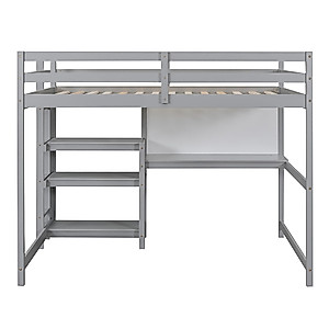 BIADNBZ Full Size Loft Bed with Desk, Shelves and White Writing Board, Wooden High LoftBed Frame, for Kids Teens Bedroom, Gray