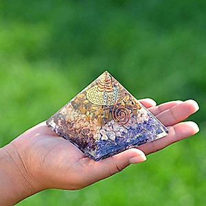 Orgonite Crystal Ultimate Triple Pyramid with Tiger Eye, Sunstone and Amethyst Healing Crystals