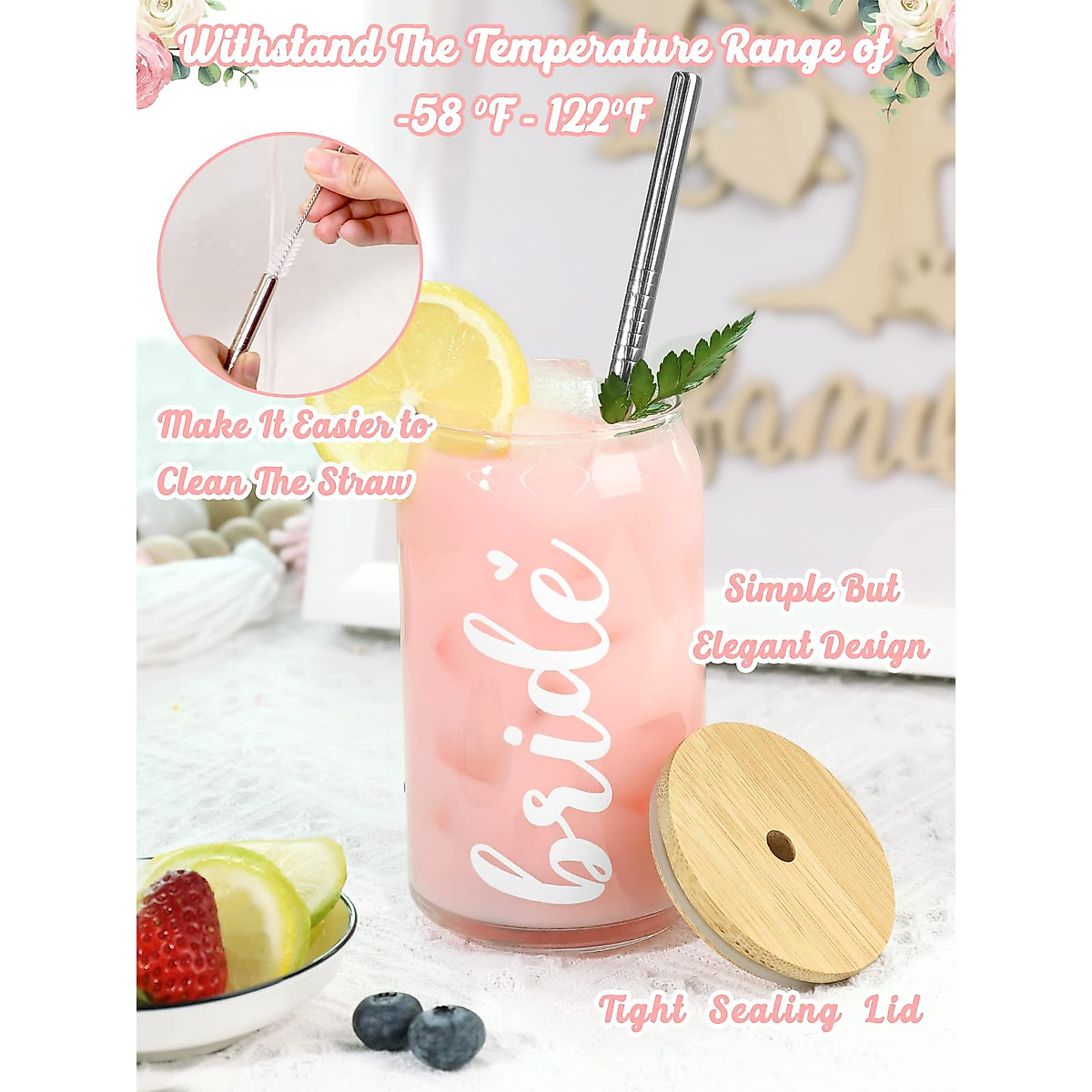 Nefelibata Teacher Appreciation Gifts Beer Can Glass Iced Coffee Glass Cup with Bamboo Lid Metal Straw 16oz Gift Teach Love Inspire Drinking Glasses Scool Staff Smoothie Tumbler Mug for Women Spring