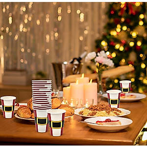 50 Disposable Christmas Santa Belt Cups 9 Oz. Xmas Red & Black Santa's Belts Design Drinking Paper Cup Winter Beverage Drink Dinnerware for Festive Holiday Tableware Party Supplies Decorations