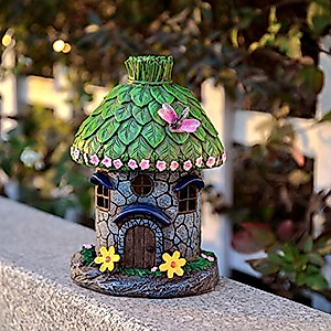 TERESA'S COLLECTIONS Dome Roof Fairy House Garden Statues with Solar Lights, Garden Ornaments Decor, Resin Outdoor Figurines for Patio Yard Porch Decorations, 7.8 Inch