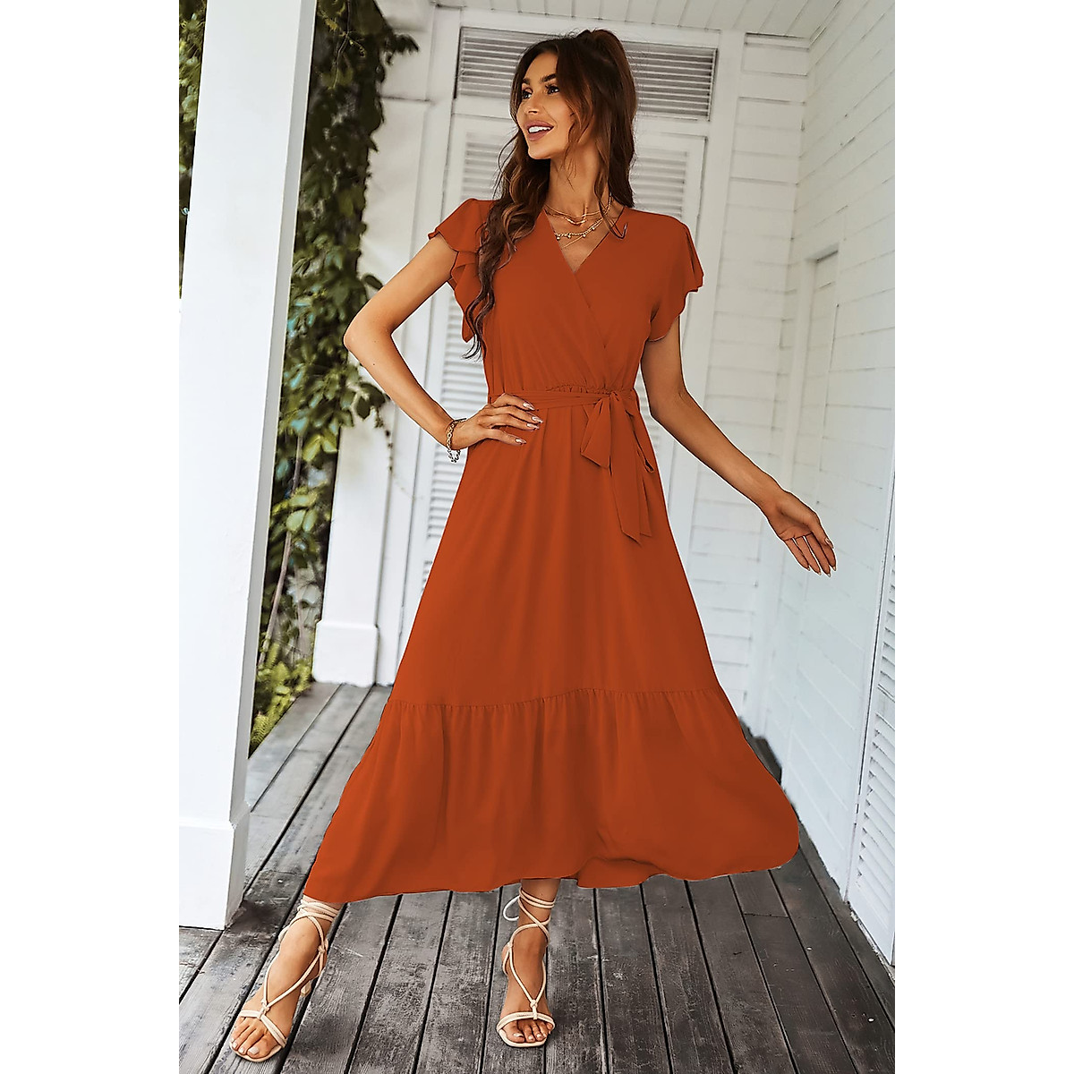 PRETTYGARDEN Women's 2024 Floral Boho Dress Wrap V Neck Short Sleeve Belted Ruffle Hem A-Line Flowy Maxi Dresses (Solid Brick Red,X-Large)