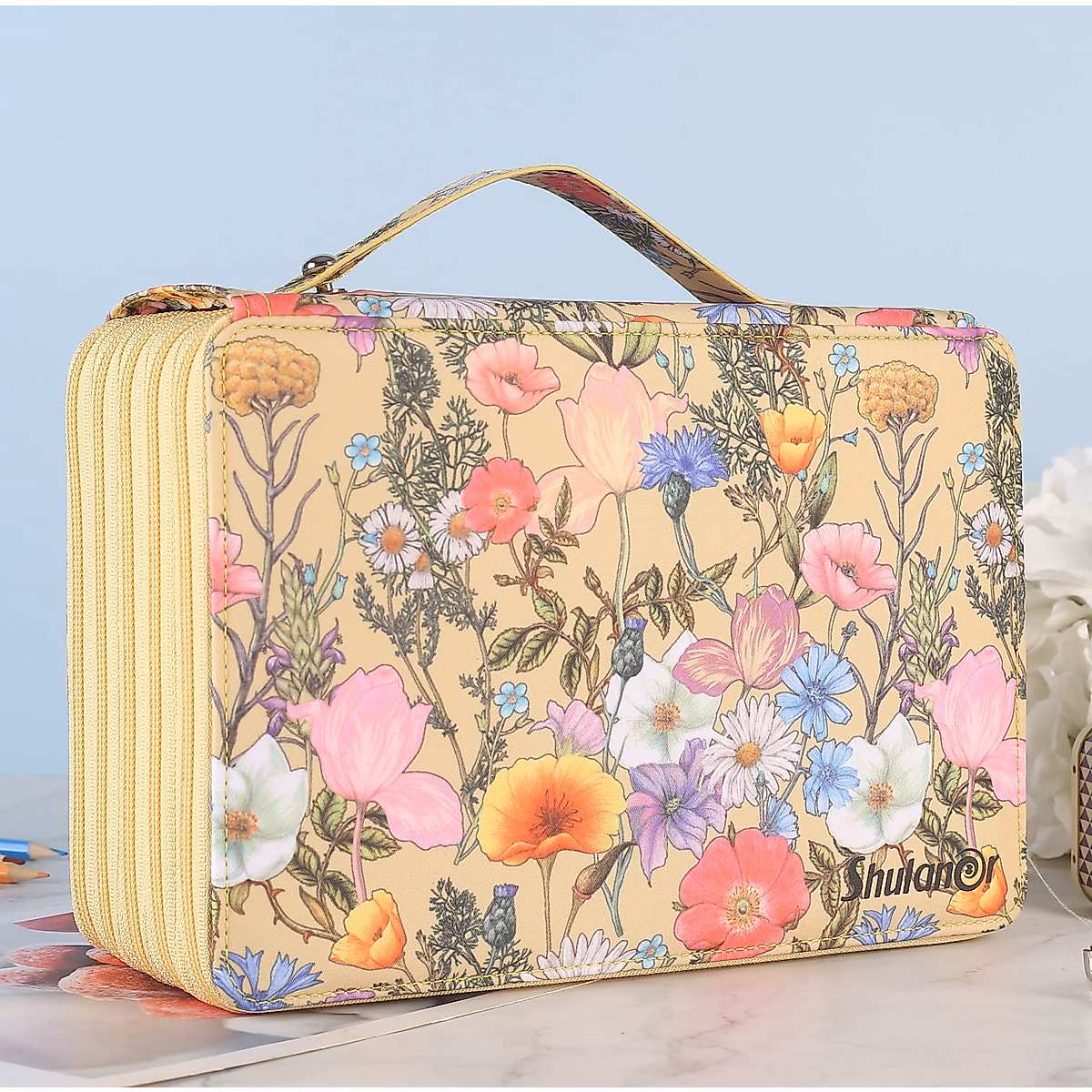 Shulaner 250 Slots Colored Pencil Case Organizer with Zipper Large Capacity Pen Holder Bag for Artist Yellow Flower