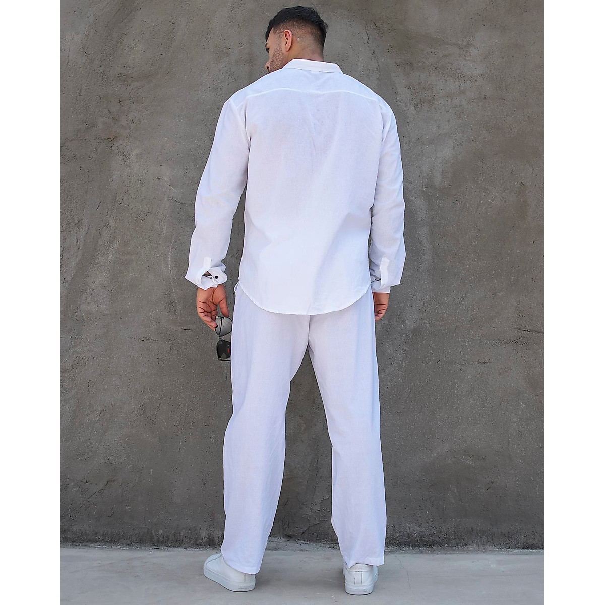 RPOVIG Linen Shirt Sets Outfits:Men's 2 Pieces Henley Shirts Long Sleeve Loose Yoga Pants Beach Clothing White