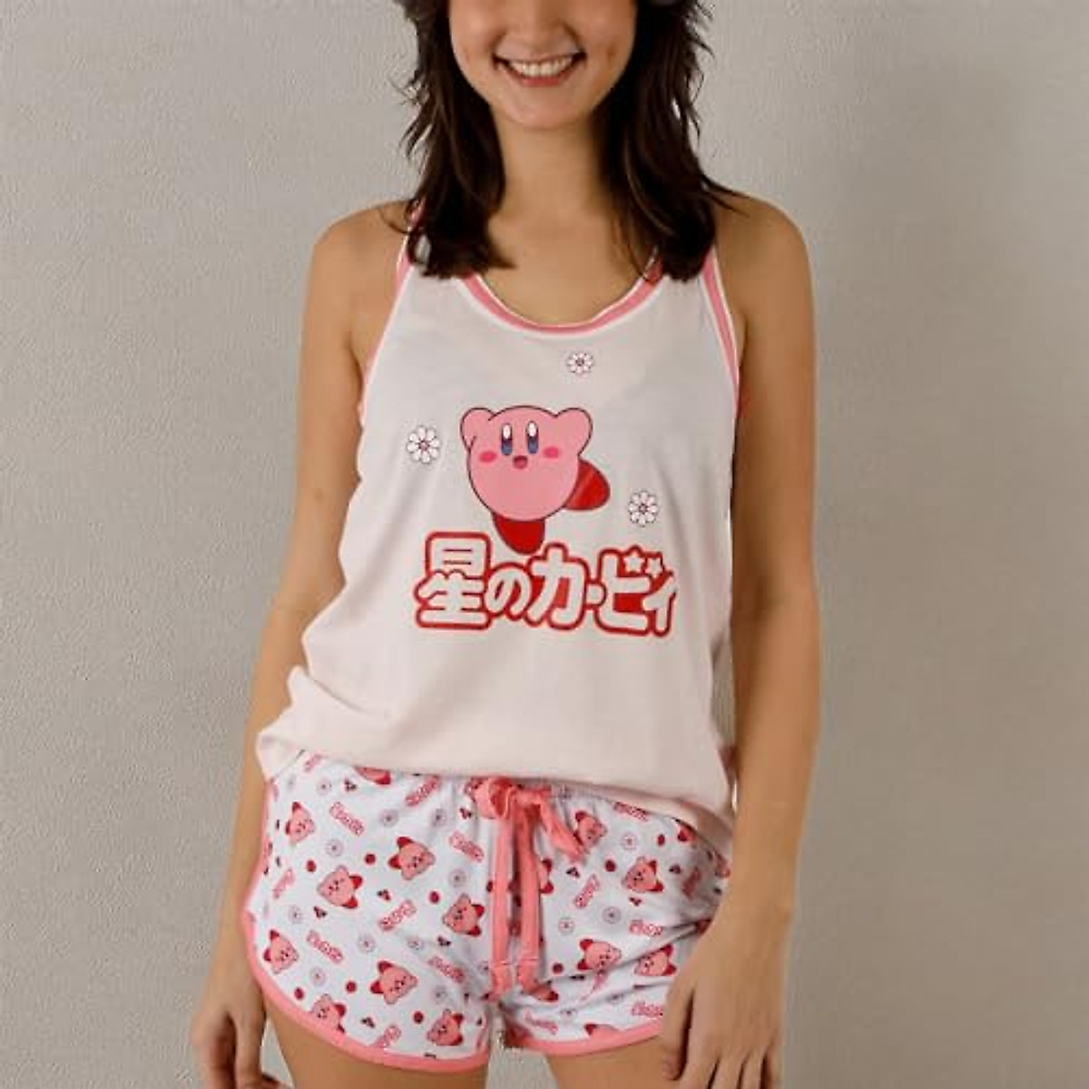 Bioworld Kirby Daisies & Kanji Logo Women's Racer Back Tank Top & Dolphin Lounge Shorts Sleepwear Set-XL Pink