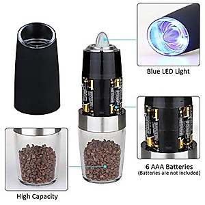 Electric gravity pepper grinder or salt grinder with adjustable thickness, automatic pepper grinder battery, with blue LED light, DLD one-hand operation, brushed stainless steel (1 piece Black)