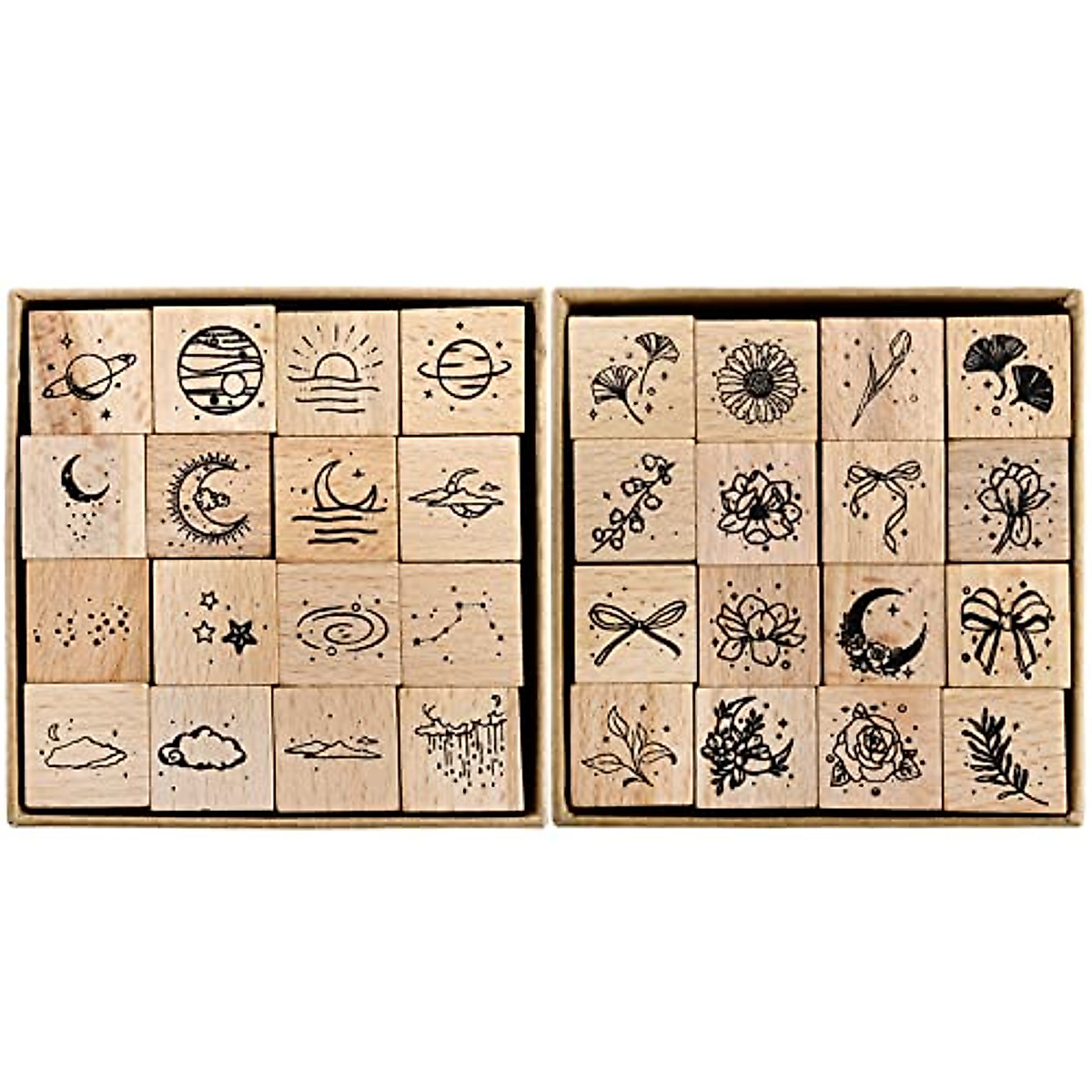Hacaroa 32 Pieces Wooden Rubber Stamp Set, Moon Star Botanical Decorative Wood Stamps for Journal, Diary, Scrapbook, Planner, Letter, DIY Craft, Card Making