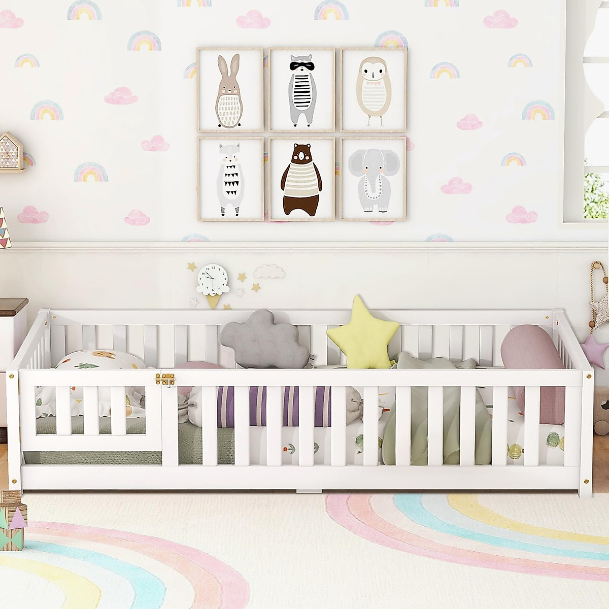 GEEVIVO Twin Size Montessori Floor Bed, Kids 1-3 Wooden Playhouse Bed Frame w/Door, Slats and Safety Fence, Floor-Bed-Frame for Children Bedroom, Boys Girls, Kids Playroom