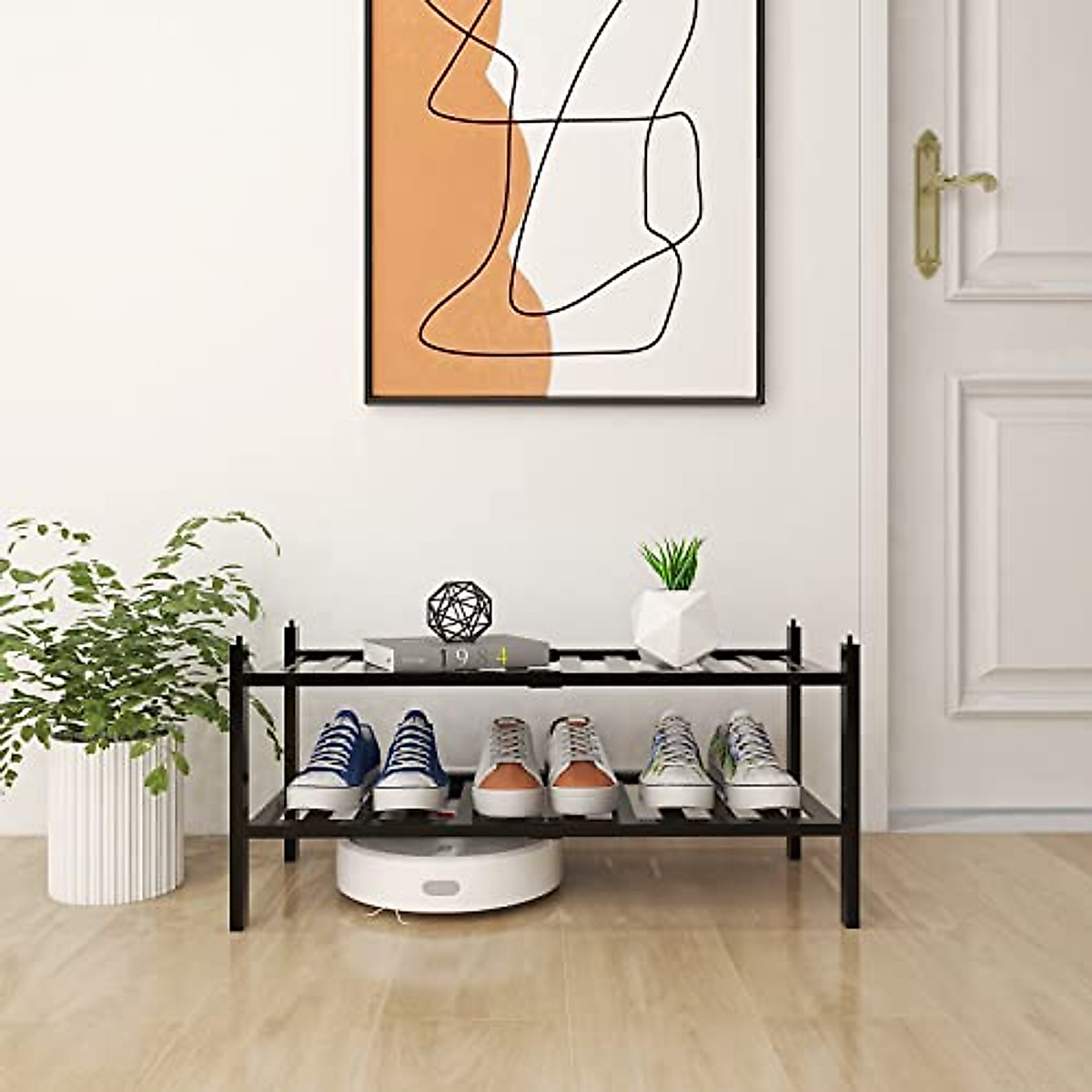 quiqear Bamboo Shoe Rack, 2 Tier Shoe Rack Organizer, Stackable & Durable Shoe Shelf Holder, Free Standing Shoe Racks, Shoe Storage Organizer for Entryway, Closet, Hallway (Black)
