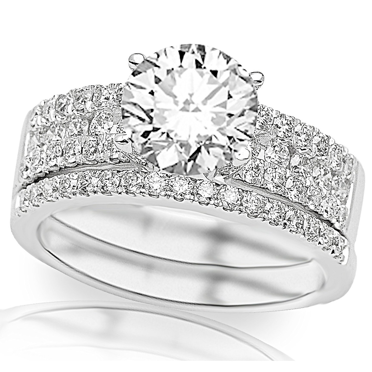 1.58 Carat 14K White Gold Three Row Prong And Middle Row Channel Set Round Diamonds Engagement Ring and Wedding Band Set with a 1 Carat Moissanite Center