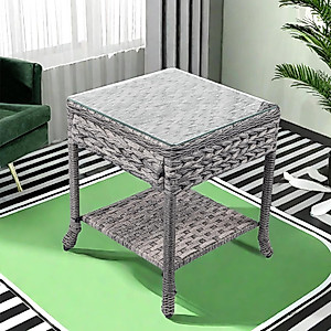 Generic Wicker Patio Side Table with Top - Multipurpose Outdoor End Table for Balcony, Porch, and Backyard Settings with 2-Tier Storage Shelf (Glass Top), Grey, BZ001