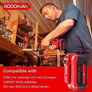 ARyee CMCB202 CMCB205 6.0Ah 20V Battery Replacement for Craftsman 20V Lithium Battery CMCB204 CMCB204-2 CMCB202 CMCB202-2 CMCB201 CMCB206 CMCS500B CMCD700C Craftsman V20 Battery
