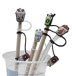 Fepdiu 6pcs Straw Covers Cap for Stanley Cup,6-8mm Cartoon Straw Cover,Reusable Drinking Silicone Straw Covers,Dust Proof Straw Toppers Covers for Stanley Cup Accessories