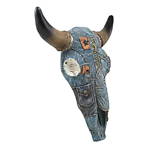 Ebros 13" Wide Western Southwest Steer Bison Buffalo Bull Cow Horned Skull Head In Cowboy Blue Denim Jeans Design Wall Mount Decor Native Indian Sacred Animal Totem Bust Skulls