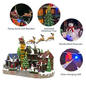 Christmas Village Centerpiece Decor, Santa Riding Sleigh Flying Over The Town Center, with Christmas Tree, featuring LED Lights, Christmas Music, and Animation - Power Adapter (included)