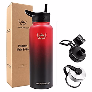 NATURE PIONEOR Insulated Water Bottles with Paracord Handle - 24/32/40/64 oz Vacuum Sports Wide Mouth Water Bottle with 3 Lids, Leak Proof Stainless Steel Keeps Hot and Cold