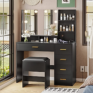 AOGLLATI Makeup Vanity Set with Lights, Vanity Desk with Mirror and Lights, Black Vanity Table with Cushioned Stool, Makeup Desk with Charging Station, Visible Drawers, Open Storage Shelves