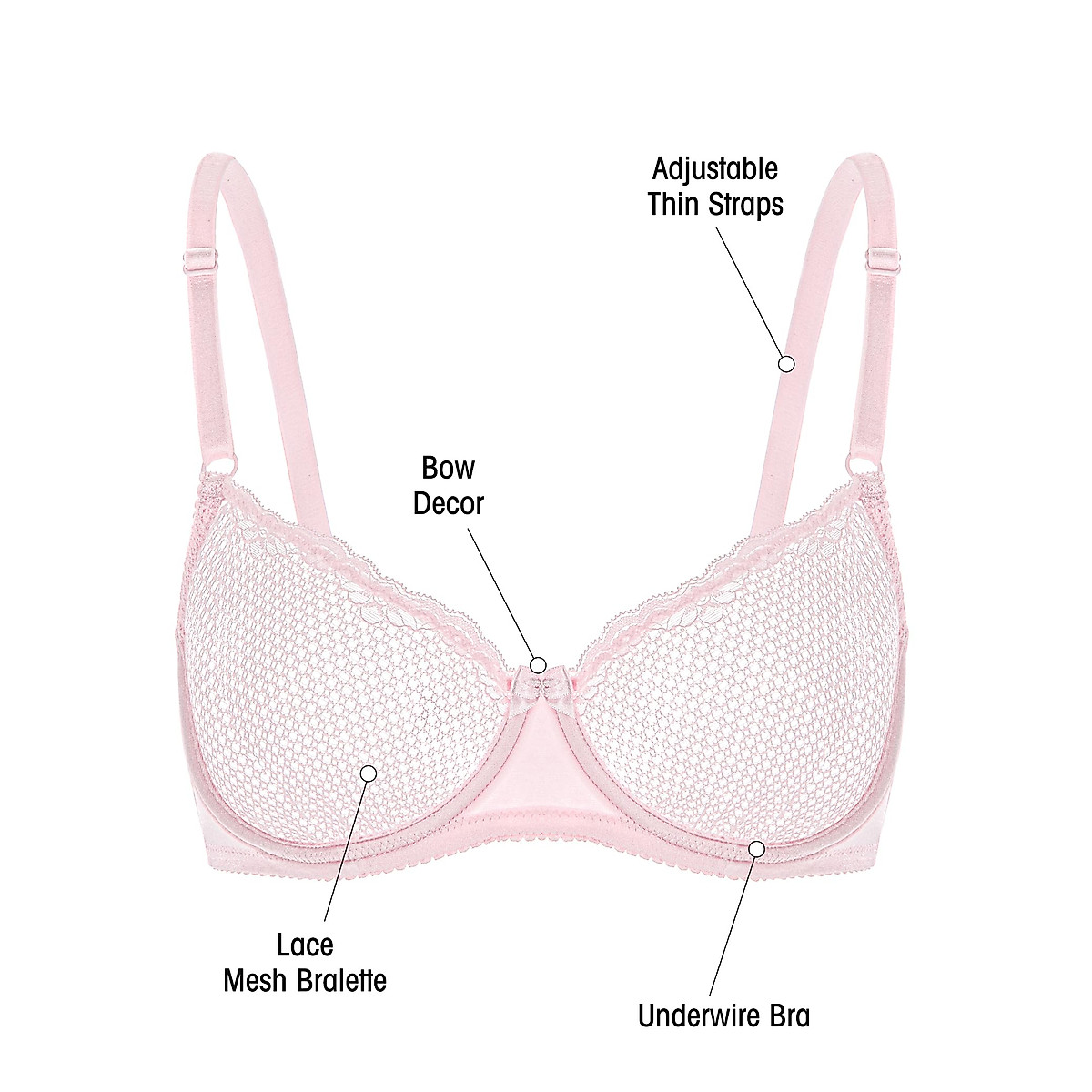 Wingslove Women's Sexy 1/2 Cup Lace Bra Balconette Mesh Underwired Demi Shelf Bra Unlined See Through Bralette (Light Pink, 36A)