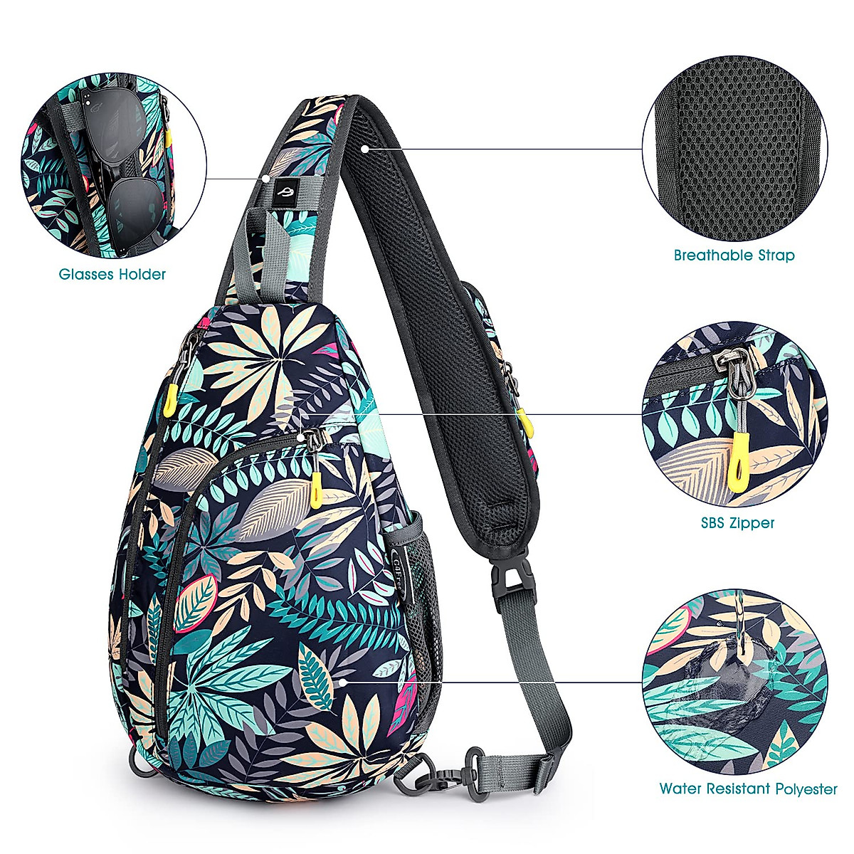 G4Free RFID Sling Bag Crossbody Backpack Casual Chest Shoulder Daypack Gym Bag for Hiking Travel 7L(Blue Leaf)