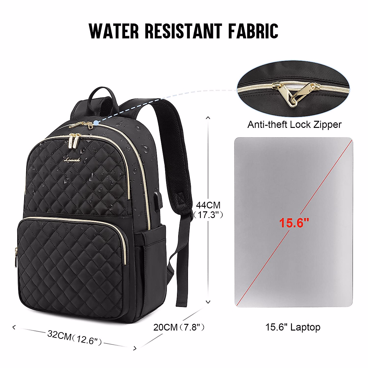 LOVEVOOK Laptop Backpack for Women, Quilted Laptop Bag Travel Backpack Purse With Anti-Theft Zipper, Stylish 15.6 Inch Work Computer Bags College School Bookbag with USB Charging Port, Black