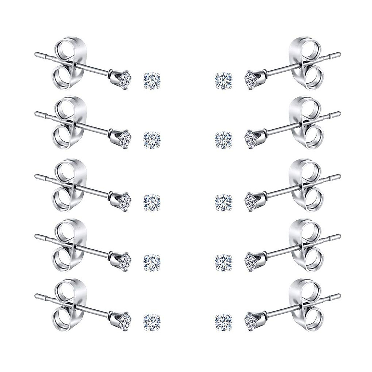 FOSIR 10 Pairs Tiny Women's Stainless Steel Round Clear Cubic Zirconia Stud Earrings (2mm CZ, Surgical Steel)