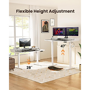 ErGear Electric Standing Desk with Drawers, 48″ x 24″ Gaming Desk with Monitor Stand, C-Clamp Mount Compatible, Home Office Height-Adjustable Desk with Storage Shelf, 4 Preset Heights, White, EGESD36W