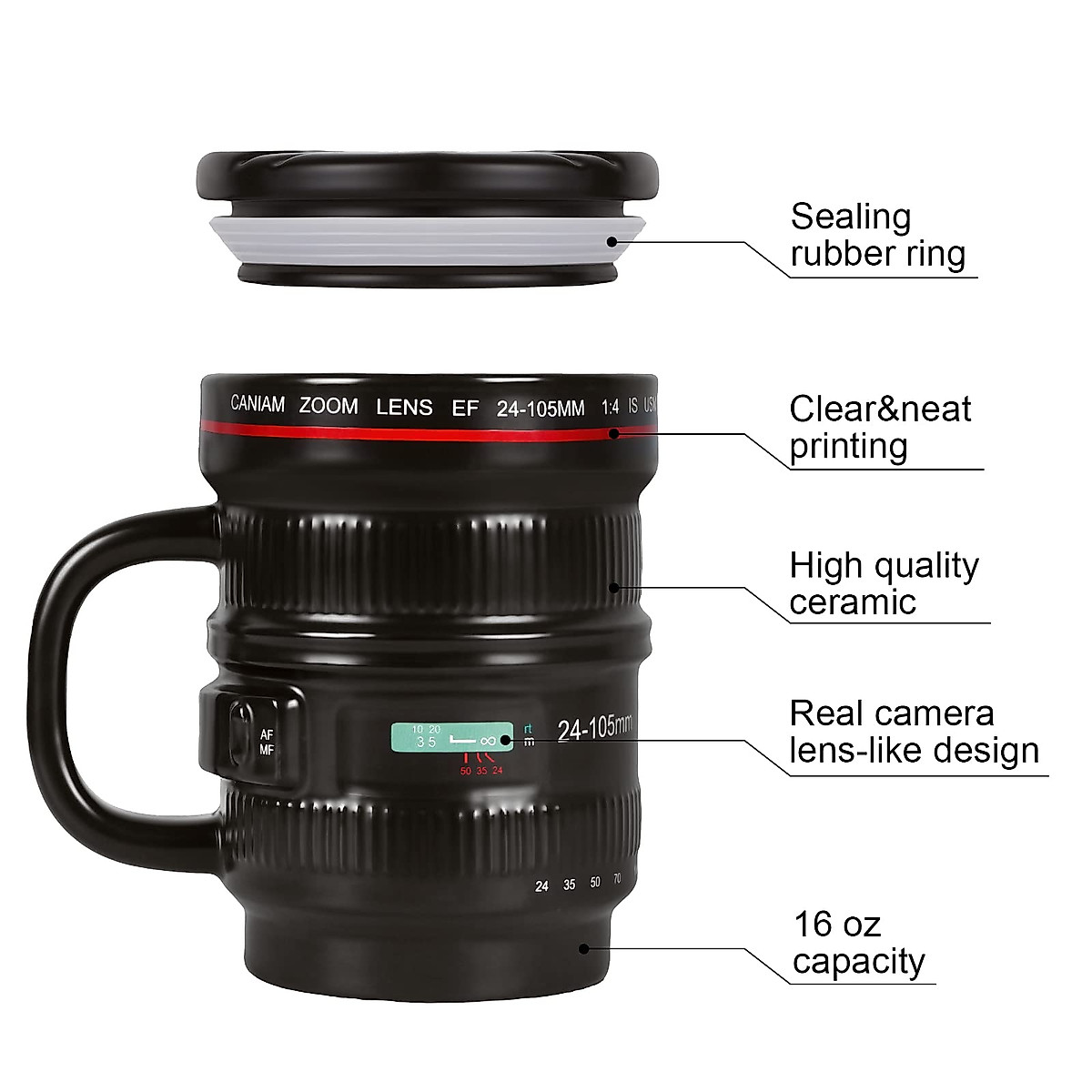 Cabtnca Camera Lens Coffee Mug, Camera Lens Mug, Photographer Gifts, Cool Gifts for Photographers, Ceramic Camera Mug, Photography Gifts Christmas, Camera Lens Cup with Lid and Handle, 16Oz