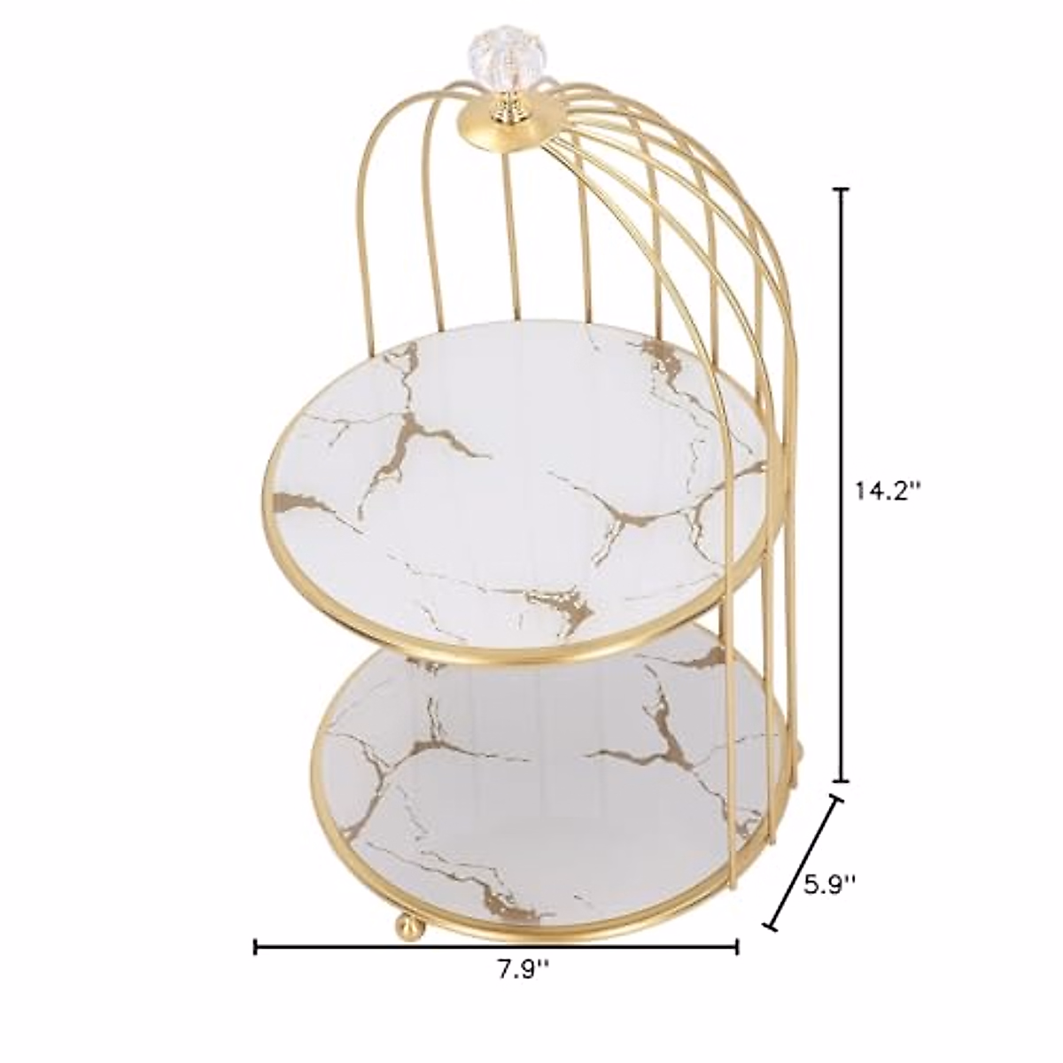 Double Layer Storage Shelf, Glass Bottom Plate Wear Gold Frame Bird Cage Organizer Rack for Bathroom Countertop (White Base Gold Pattern)