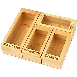 Ziplock Bag Organizer for Kitchen Drawer | Bamboo Food Storage Organizer Set for Ziplock Bags | 4 Pieces: Gallon, Quart, Snack & Sandwich | Compatible with Popular Brands like: Ziplock, Glad,and Hefty