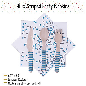 Blue Striped Birthday Party Supplies, Baby Shower Dinnerware Set, Paper Plates, Napkins, Cups and Wooden Cutlery (Serves 24, 192 Pieces), MP03