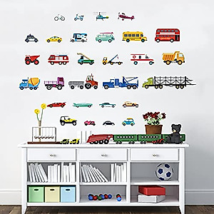 decalmile Cars Wall Stickers Transports Kids Room Wall Decor Peel and Stick Wall Decals for Boys Children's Room Nursery Bedroom Classroom