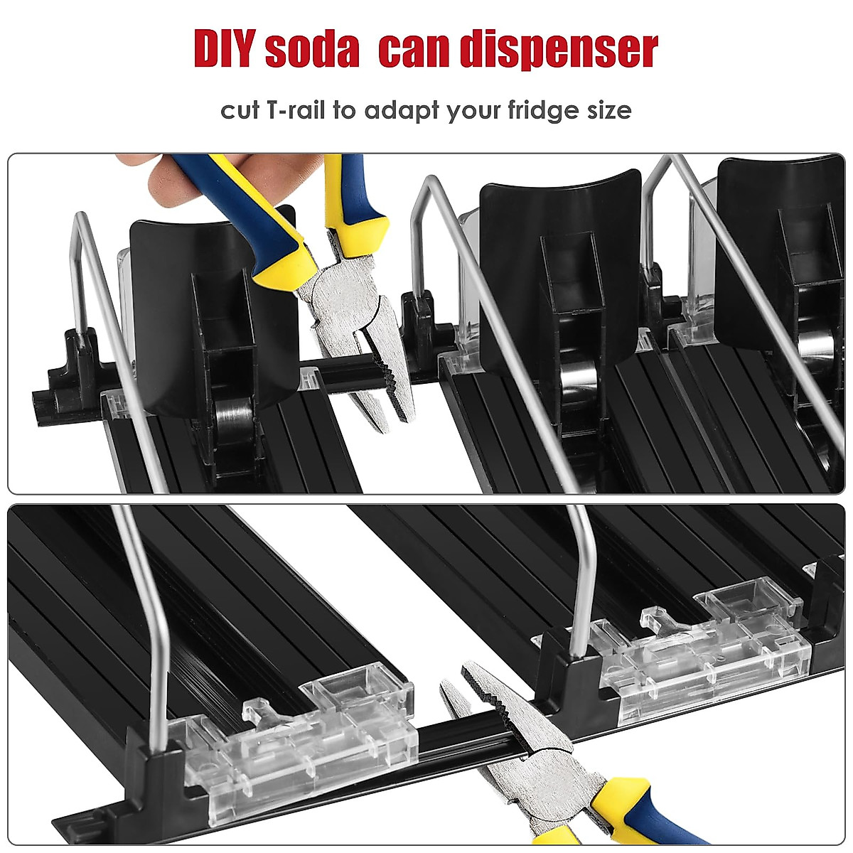 Drink Organizer for Fridge,5 Row Self-Pushing Soda Can Organizer Width Ajustable Beverage Pusher Glide,Spring Loaded Beer Pop Can Water Bottle Beverage Storage for Refrigerator Kitchen Pantry-Black