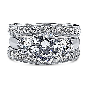 BERRICLE Sterling Silver 3-Stone Wedding Engagement Rings Round Cubic Zirconia CZ Ring Set for Women, Rhodium Plated Size 9.5