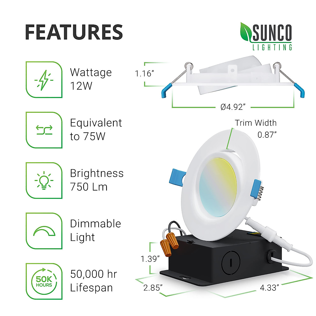 Sunco Lighting 6 Pack Recessed LED Lights Canless 4 Inch Eyeball Gimbal 12W, Selectable 2700K/3000K/3500K/4000K/5000K, Angled Directional Light with Jbox, Ultra Slim Dimmable, ETL