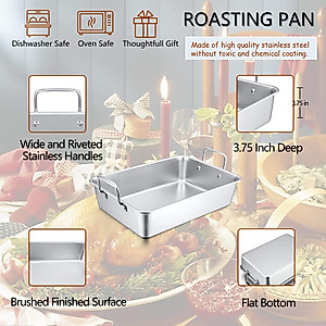Roasting Pan with Rack Set of 3(Deep Broiling Pan & V-shaped Rack & Flat Cooling Rack), Herogo 14 Inch Stainless Steel Turkey Roaster Pan for Thanksgiving Christmas, Dishwasher Safe