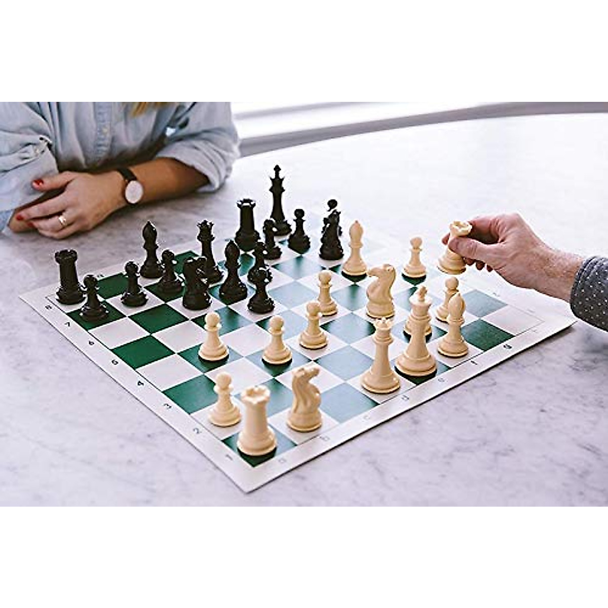 FIBVGFXD Chess Solid Wood Set, Chess Set for Adults, Tournament Chess Set, 90% Plastic Filled Chess, Pieces and Green Roll-up Vinyl Chess Board Game (43x43cm)