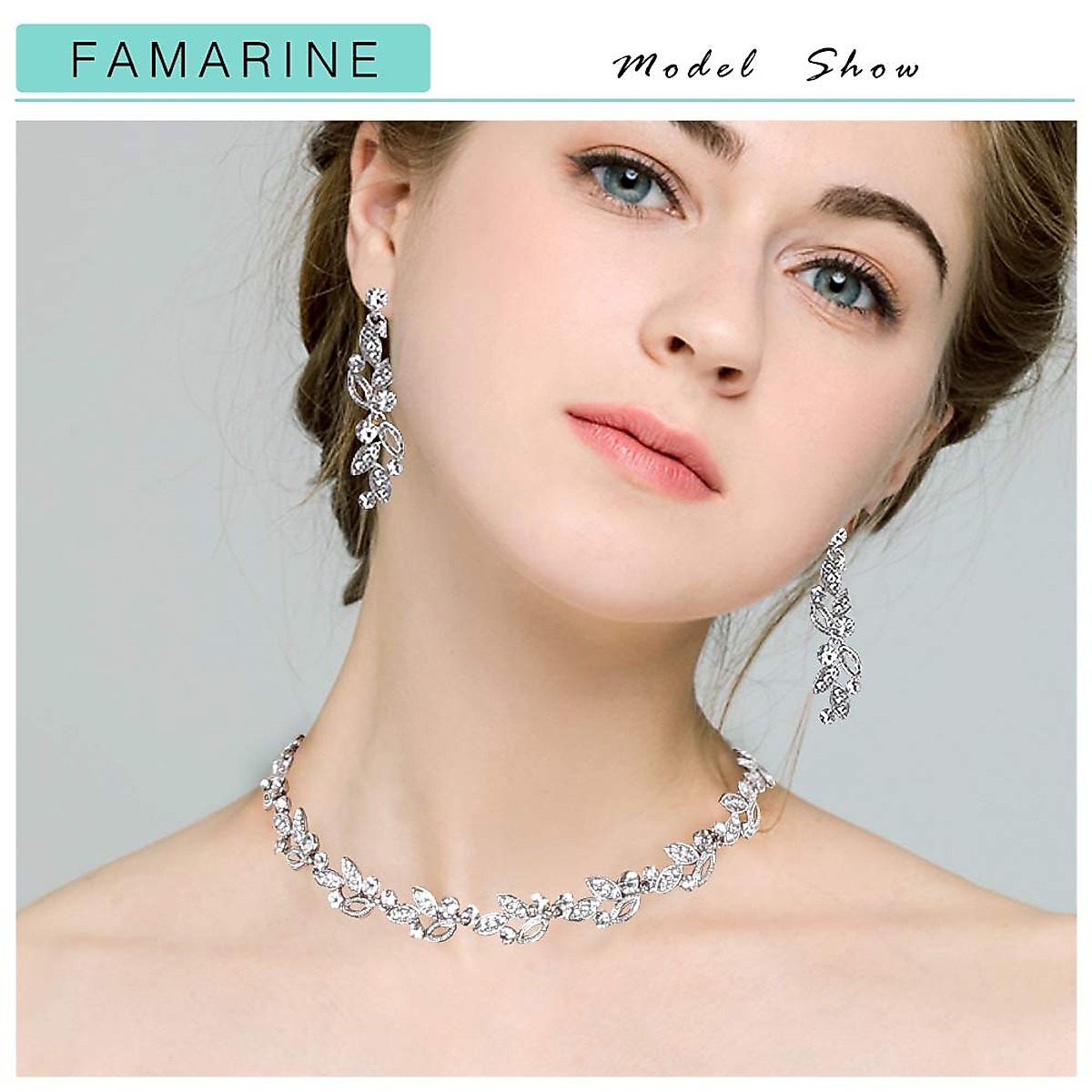 FAMARINE Silver Bridal Jewelry Set, Clear Crystal Wedding Drop Earrings Necklace for Bride Bridesmaid