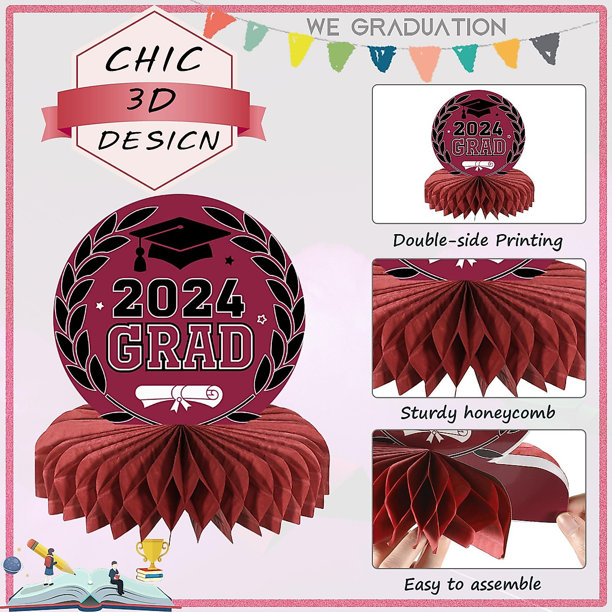 Yisong 9 Pieces 2024 Graduation Party Table Decorations Class of 2024 Congrats Graduation Centerpieces for Tables Congratulate Honeycomb Centerpiece Table Topper for Grad Party Favor(Maroon)