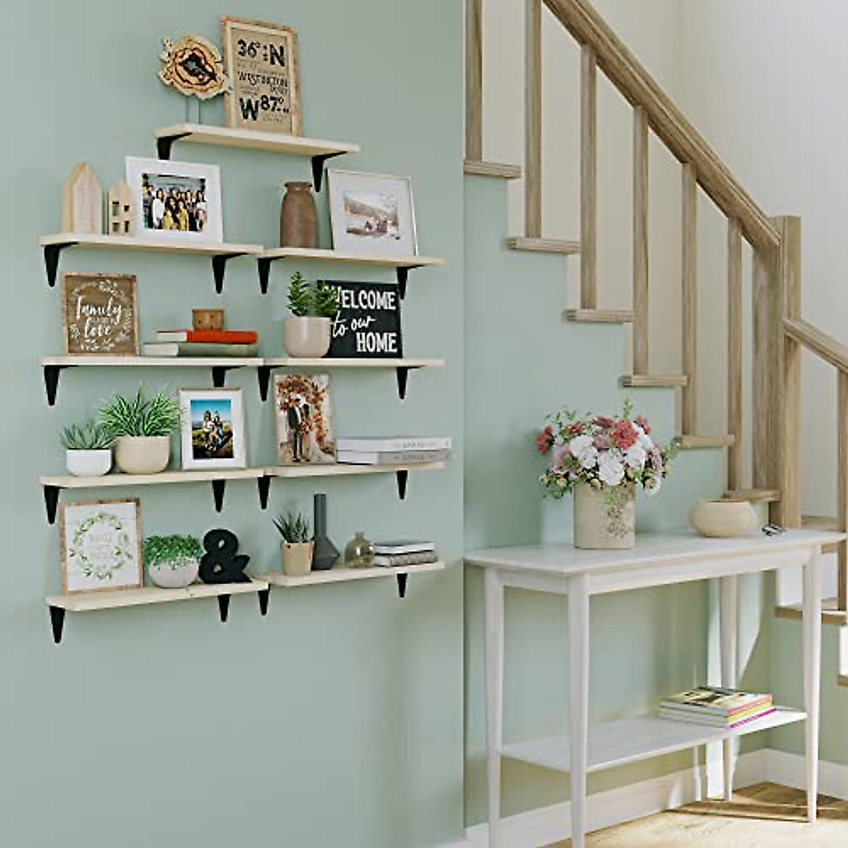 Wallniture Arras 17" Floating Shelves for Living Room Decor, Wall Bookshelf, Floating Shelf for Kitchen & Hallway, Bedroom Shelves for Storage Set of 9, Natural, Wood