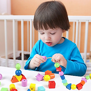 Atoylink 42PCS Lacing Beads Montessori Toys for Toddlers Wooden Primary String Threading Beads Rainbow Lacing Toy Preschool Fine Motor Skills Educational Toy for 3 4 5 6 7 8 Years Old Kids Boys Girls