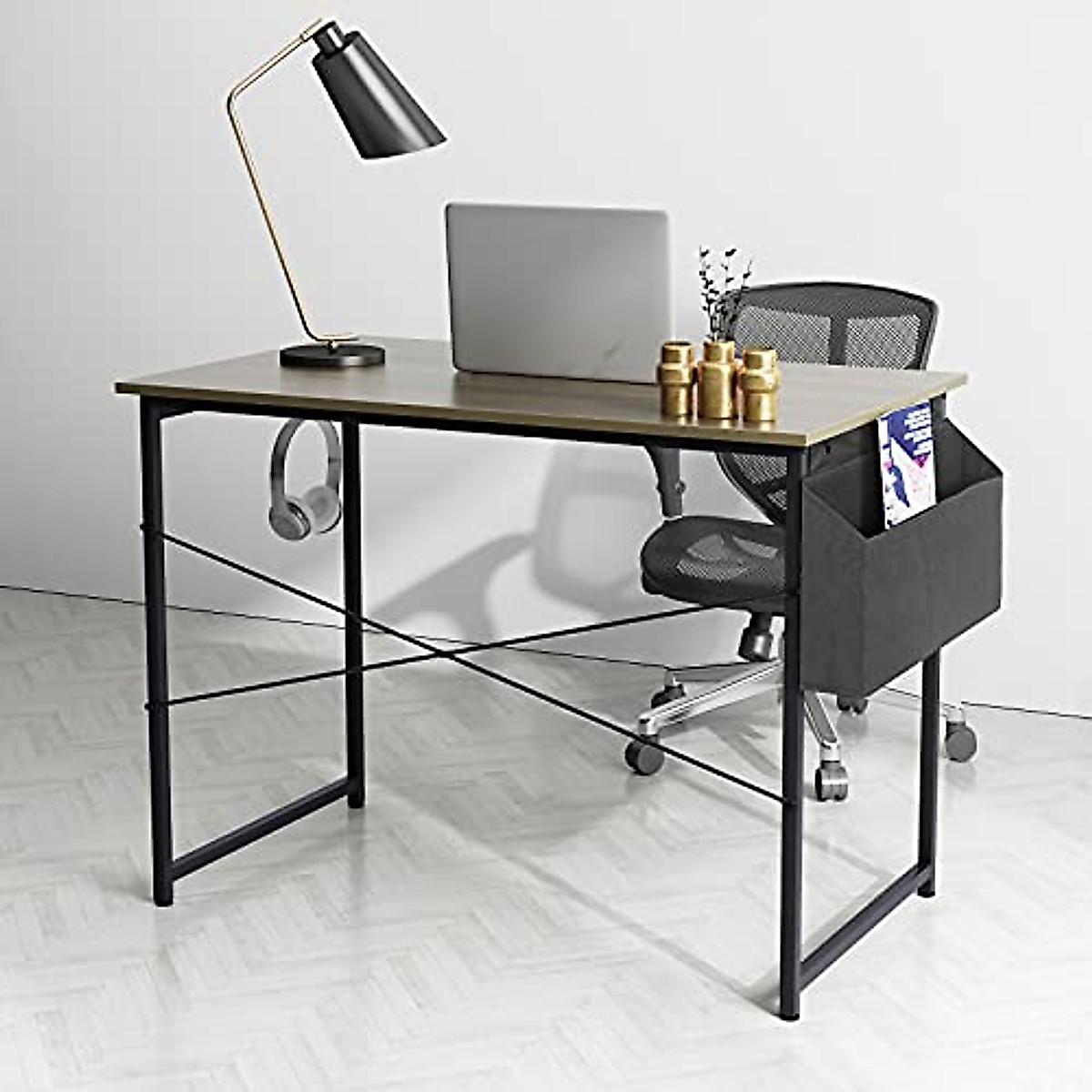 SogesHome 39.37 inches Computer Desk Laptop Table Home Office Workstation Gaming Desk Writing Table with Side Storage Box, Earphone Rack, Teak