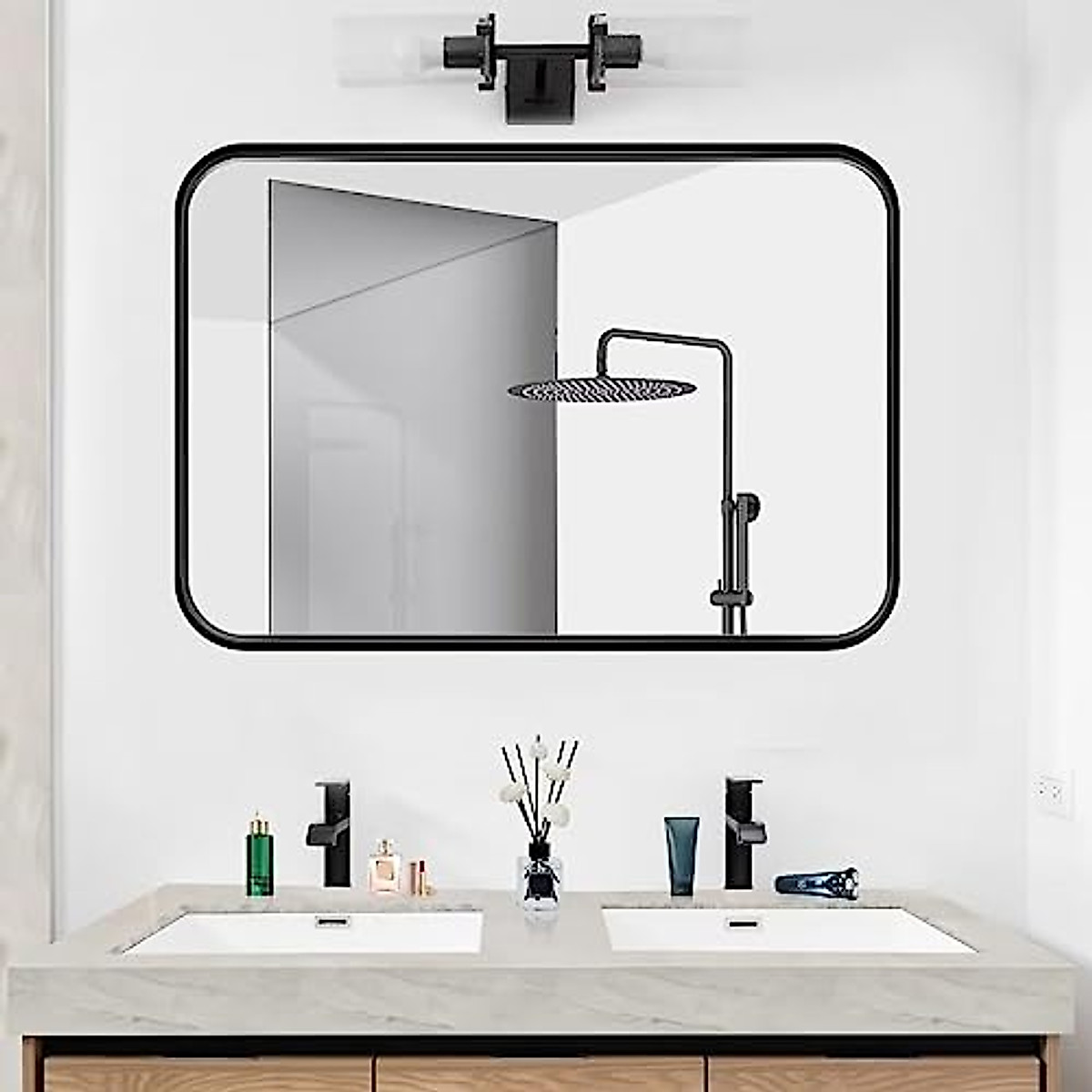 Wall-Mounted Bathroom-Mirror,Black Framed Aluminum Alloy Vanity-Mirrors,Round Horn Rectangle Makeup Seamless Mirror,Large Mirrors for Entryway,No Punching,Anti Rust 12"*16"