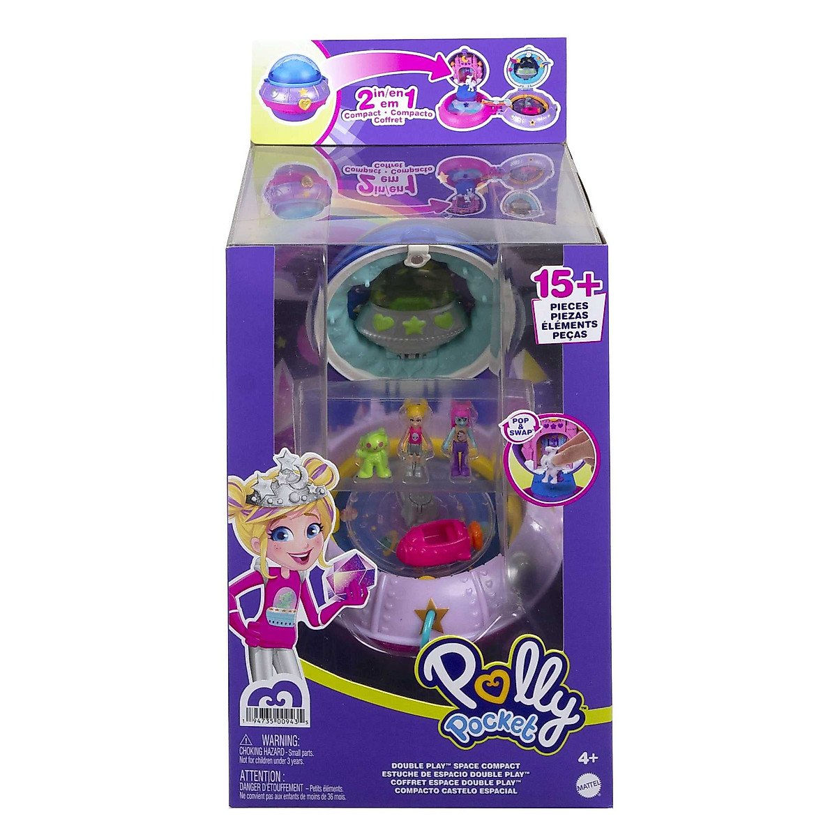 Polly Pocket Dolls and Accessories, Compact with 2 Micro Dolls, 15 Toy Pieces and 1 Fashion Piece, Double Play Space​​​