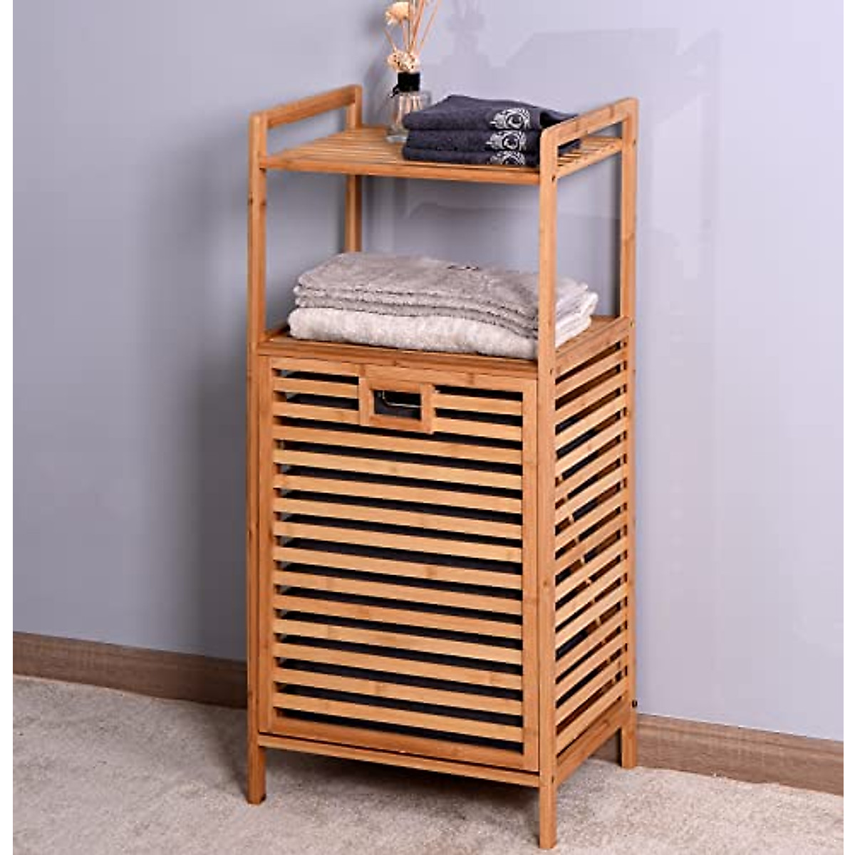 Bamboo Tilt-Out Laundry Hamper Cabinet Free-Standing Ventilated Dirty Clothes Organizer with 2-Tier Storage Shelf & Removable Fabric Bin for Bathroom, Bedroom, Living Room