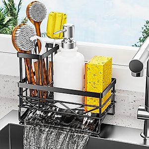 galasily Sink Caddy Sponge Holder for Kitchen Sink with Brush Holder and Stainless Steel Self Drain Tray, Rustproof Kitchen Sink Organizer for Sponge, Soap Dispenser Storage Kitchen Accessories