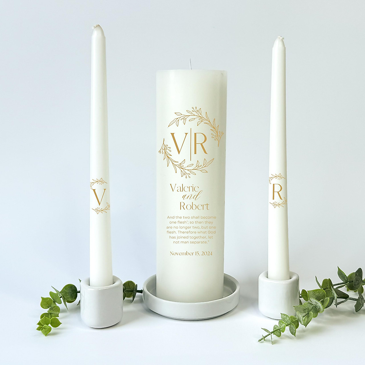 Unity Candles for Wedding, Unity Set, Custom and Personalized Pillar and Taper Candles with Bible Quote, Unscented White Premium Wax, Religious and Wedding Ceremony, Special Events (Goldie)